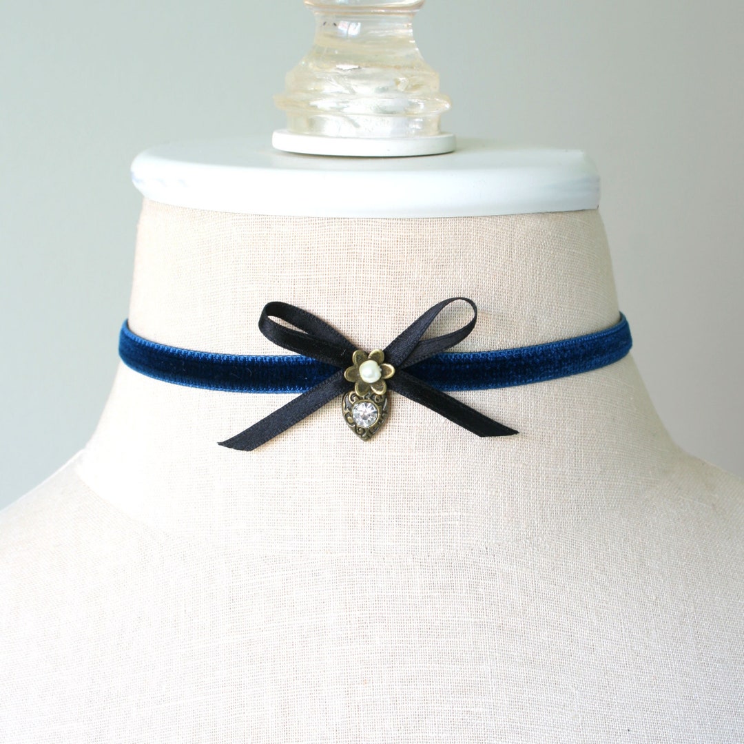 Blue Choker With Rhinestone Heart Charm - Prom Jewelry - Velvet Ribbon ...