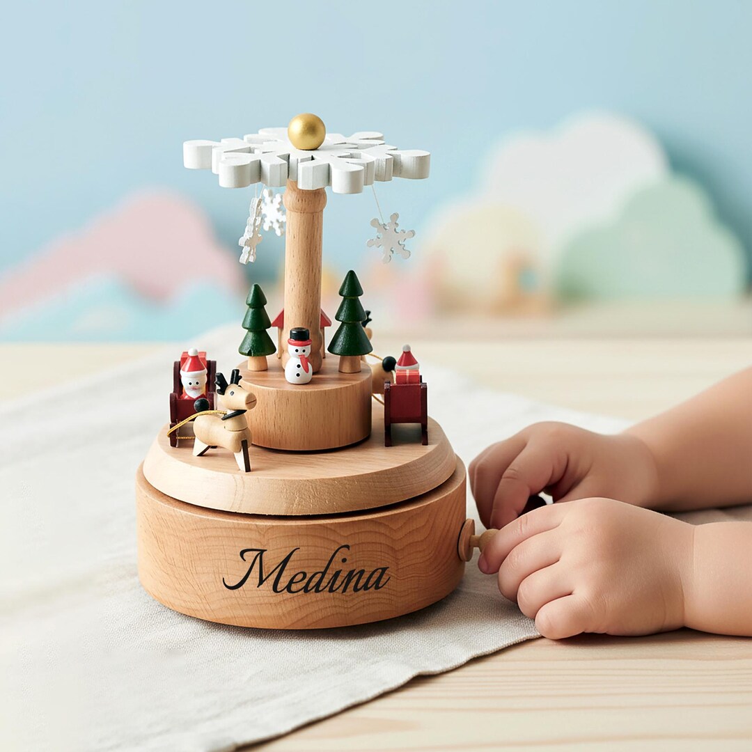 Christmas Wooden Carousel Baby Name Music Box – Personalized Newborn ...