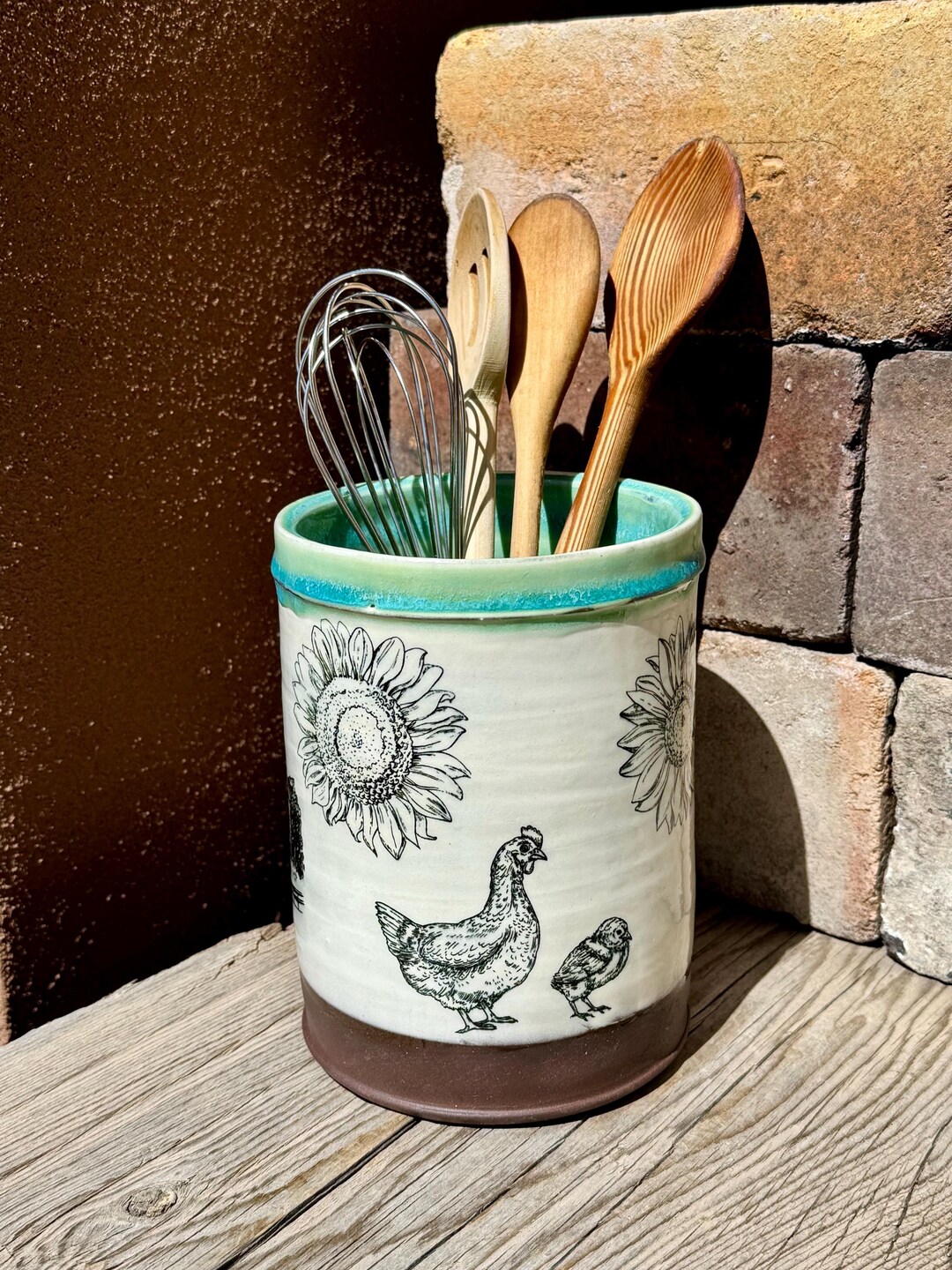 Farmhouse Style Pottery Utensil Holder, Ceramic Spoon Holder, Spoon ...