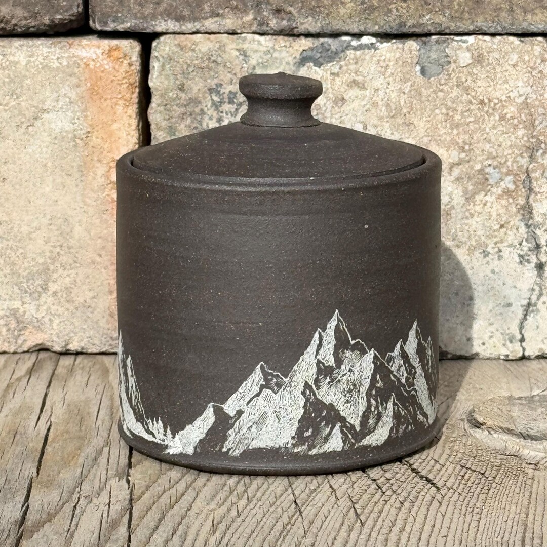 Mountain Pottery Jar, Wheel Thrown Jar With Lid, Black and White ...