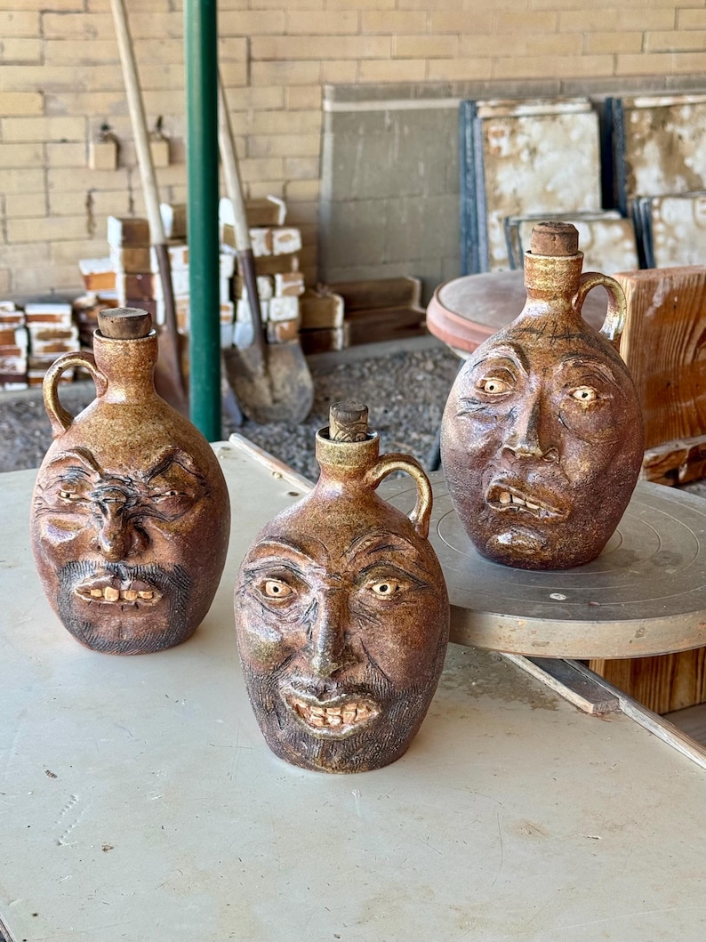 Wood Fired Face Jug: Stoneware Moonshine Pottery With Cork. Weird Face ...
