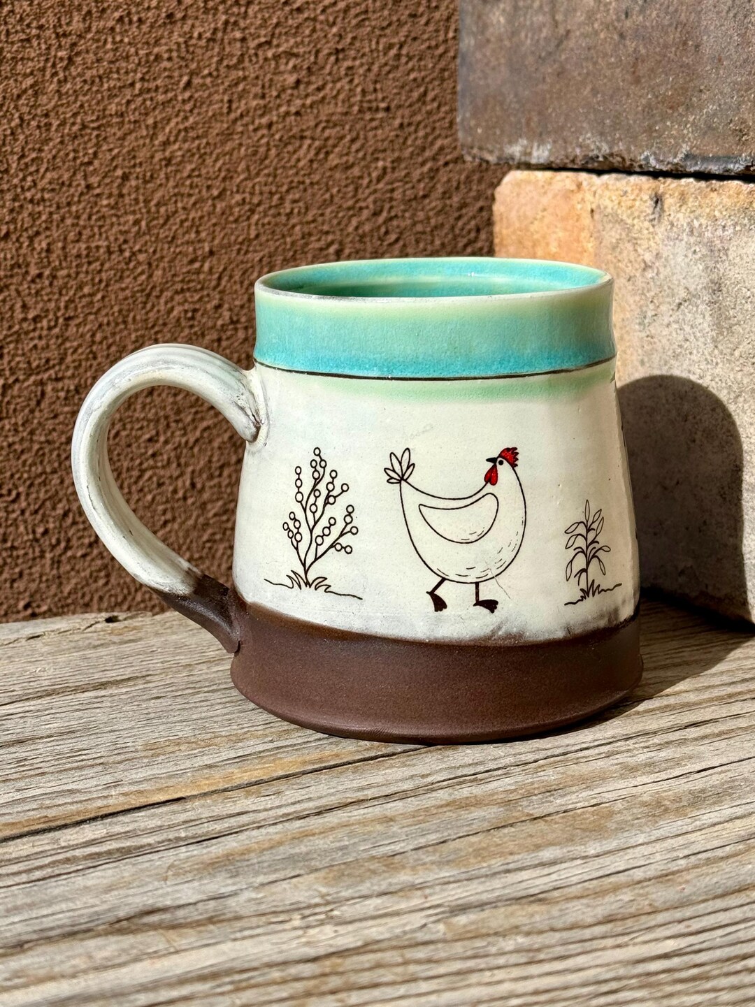 Chicken and Plants Mug, Chicken Pottery, Rooster Mug, Farmer Style Mug ...