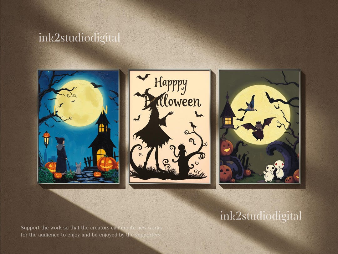 Halloween Ghosts & Pumpkin Print: Spooky Full Moon Art (digital ...