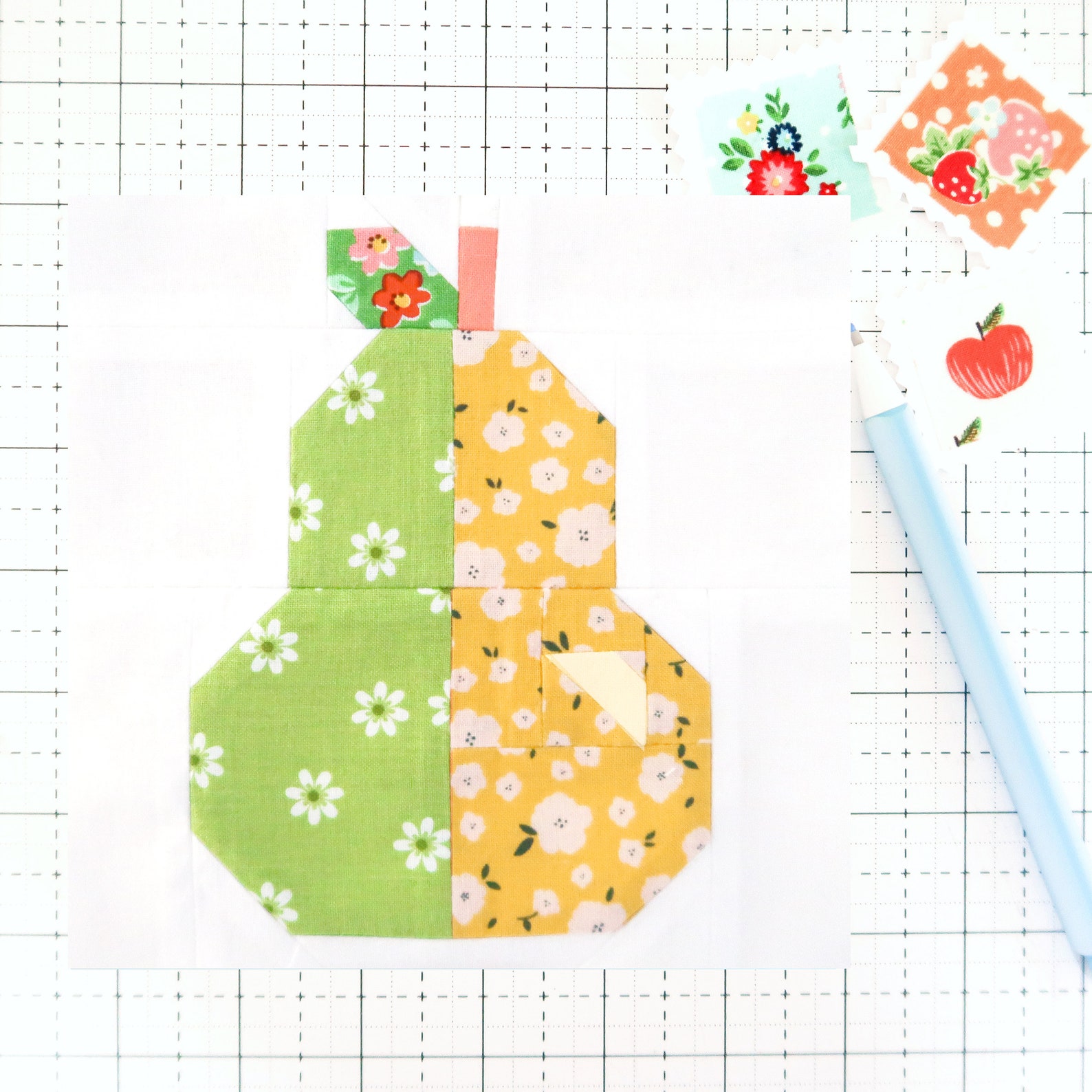 Pretty Patchwork Pear Fruit Food Quilt Block PDF Pattern - Includes ...