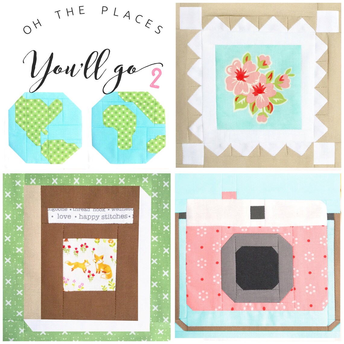 Set 5 Quilt Block Patterns: Camera, Postage Stamp, Book, Globe 1 and ...