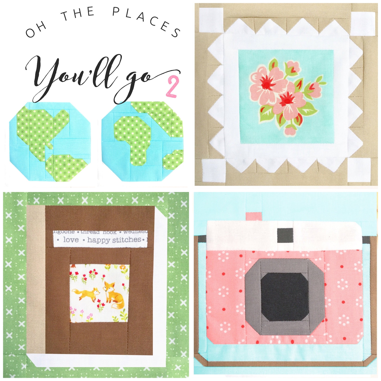 Set 5 Quilt Block Patterns: Camera, Postage Stamp, Book, Globe 1 and ...