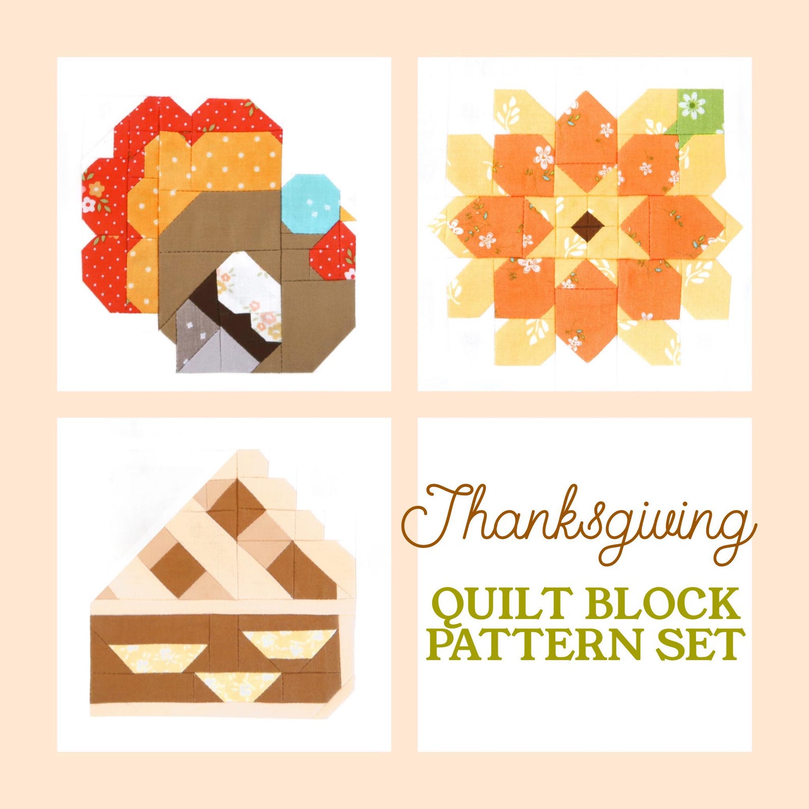 Set of 3 Thanksgiving Quilt Block Fall Patterns: Turkey, Mum Flower ...