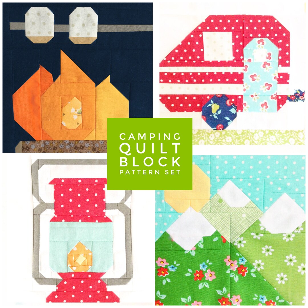 Set of 4 Camping Quilt Block Patterns Mountains, Camper, Campfire ...