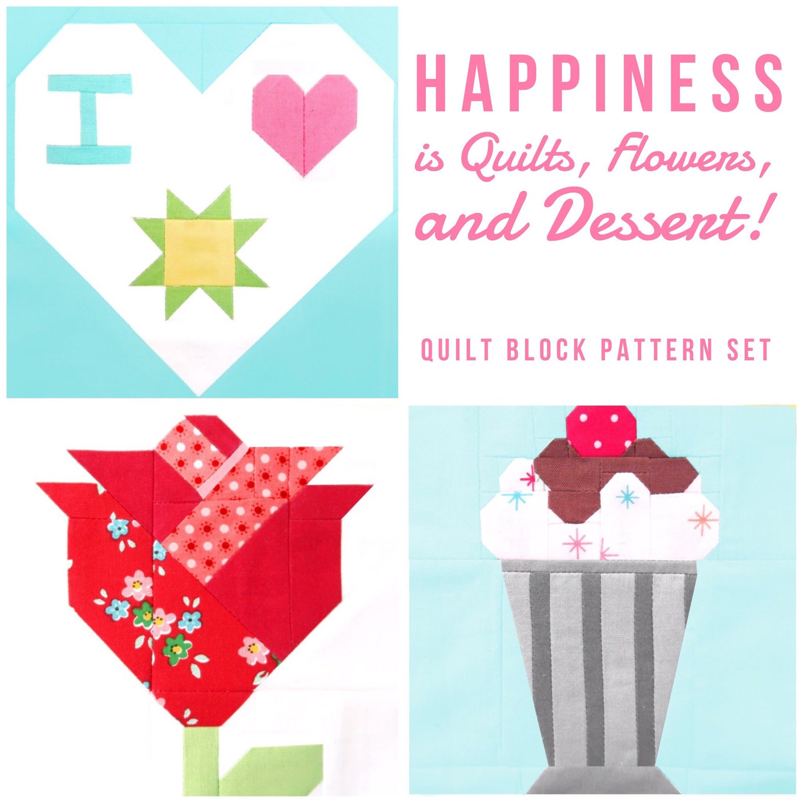 Set of 3 Quilt Flowers and Dessert Quilt Block Patterns: | Etsy