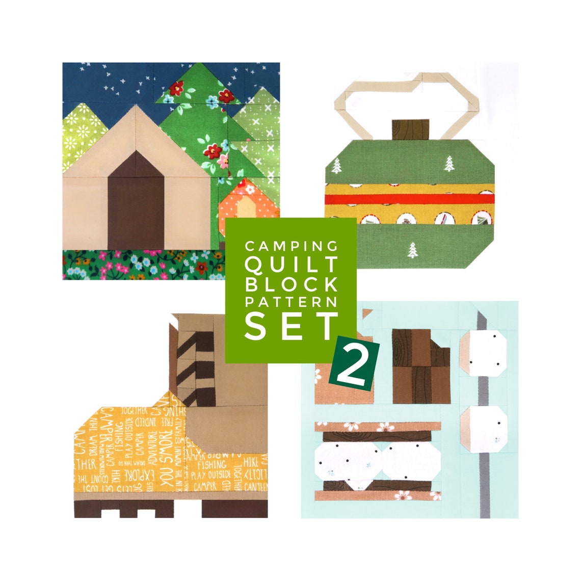 Set of 4 Camping Quilt Block Patterns - Tent, Hiking Boot, S'mores ...