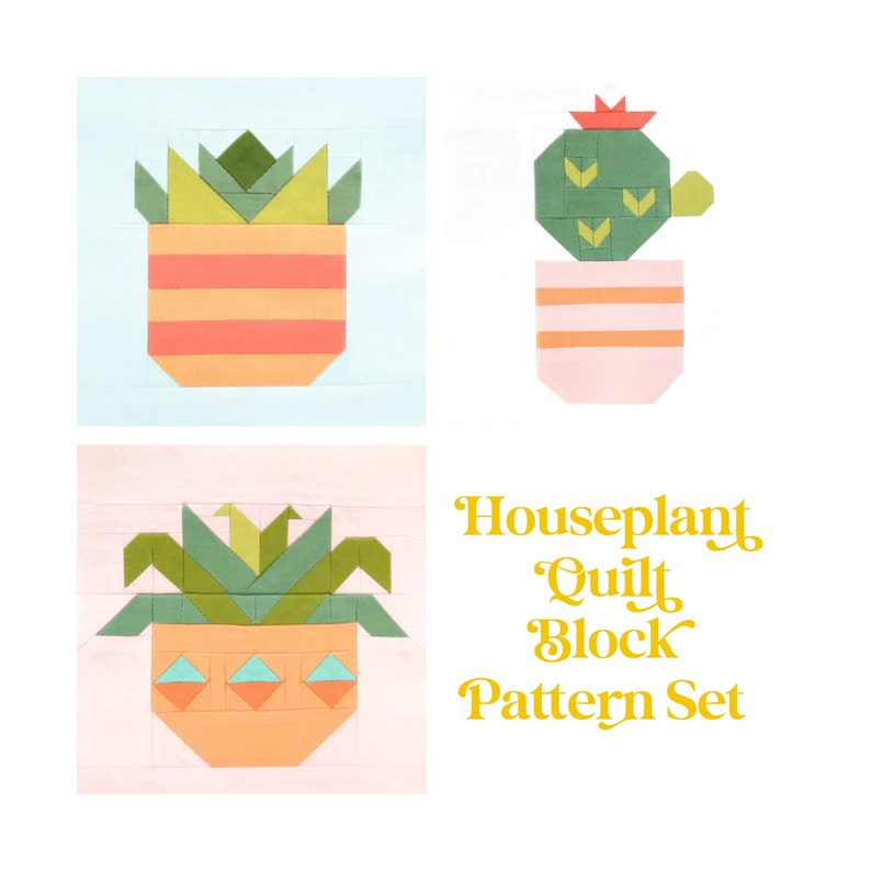Set of 3 Houseplant Quilt Block Patterns: Succulent, Cactus, Houseplant ...