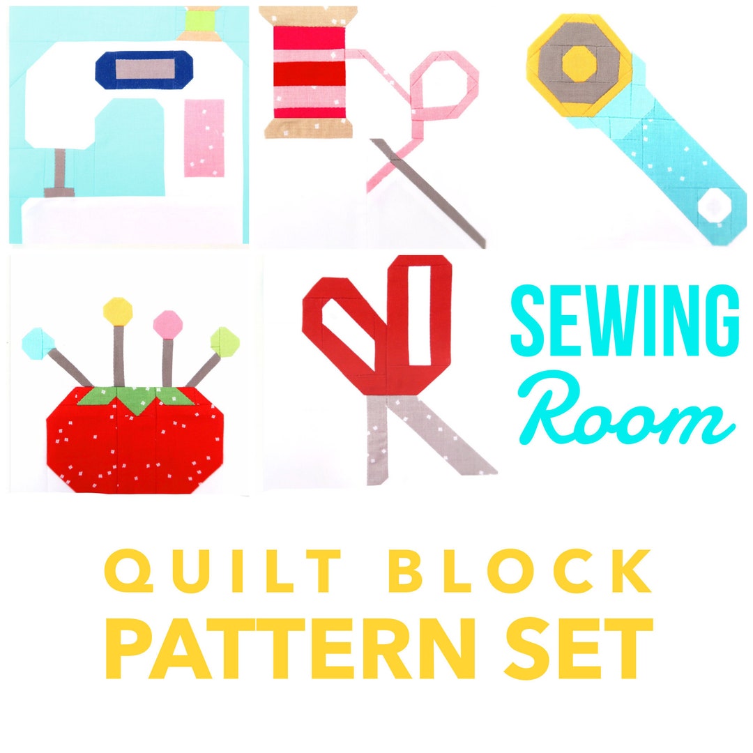 Set of 5 Sewing Quilt Block Patterns - Sewing Machine, Scissors, Rotary ...