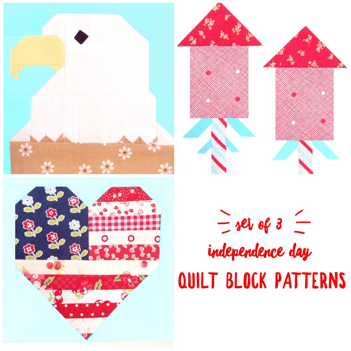 Set of 3 Independence Day 4th of July Quilt Block Patterns Eagle ...