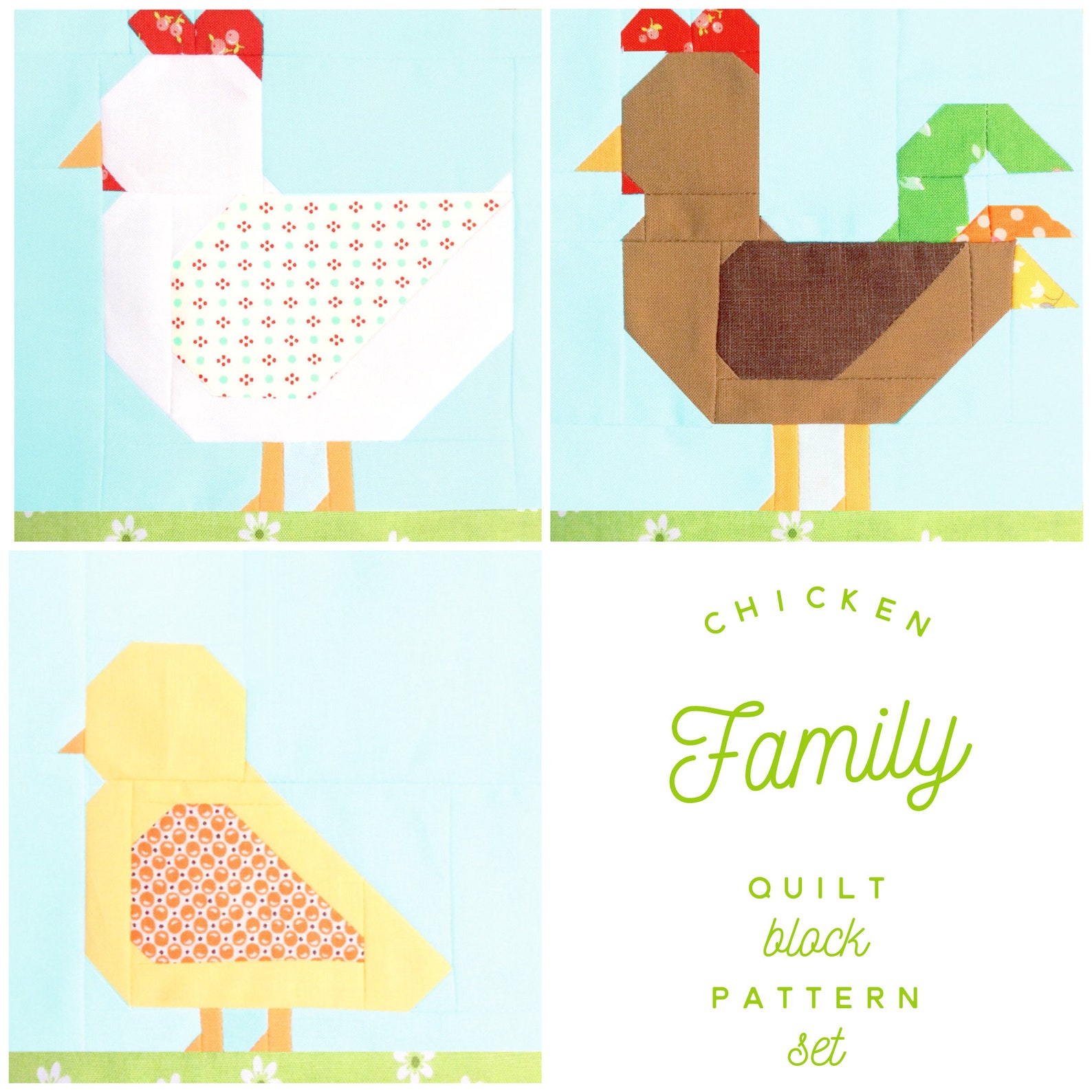 Set of 3 Chicken Family Quilt Block Patterns - Chicken Hen, Rooster ...
