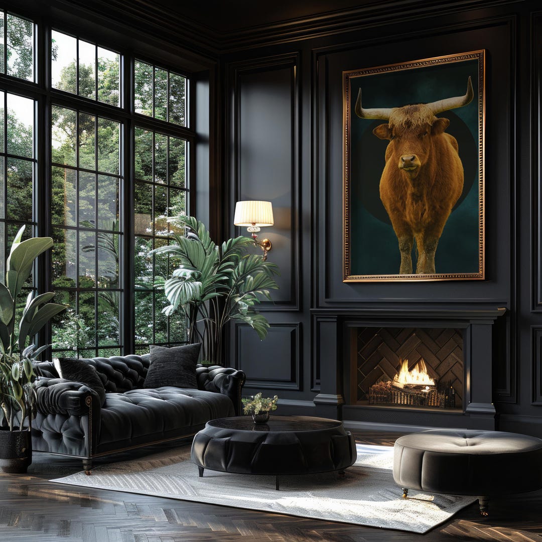 Highland Cow Canvas Art: Rustic Farmhouse, Emerald Green - Etsy