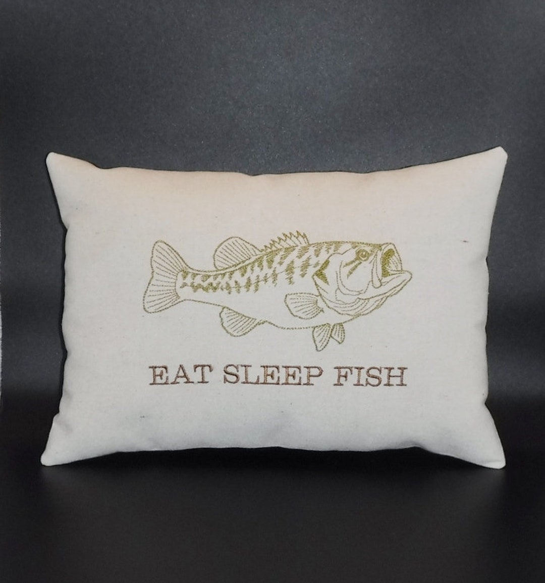 Eat, Sleep, Fish Embroidered Handmade White Suede Pillow, 12 X 6.25 ...