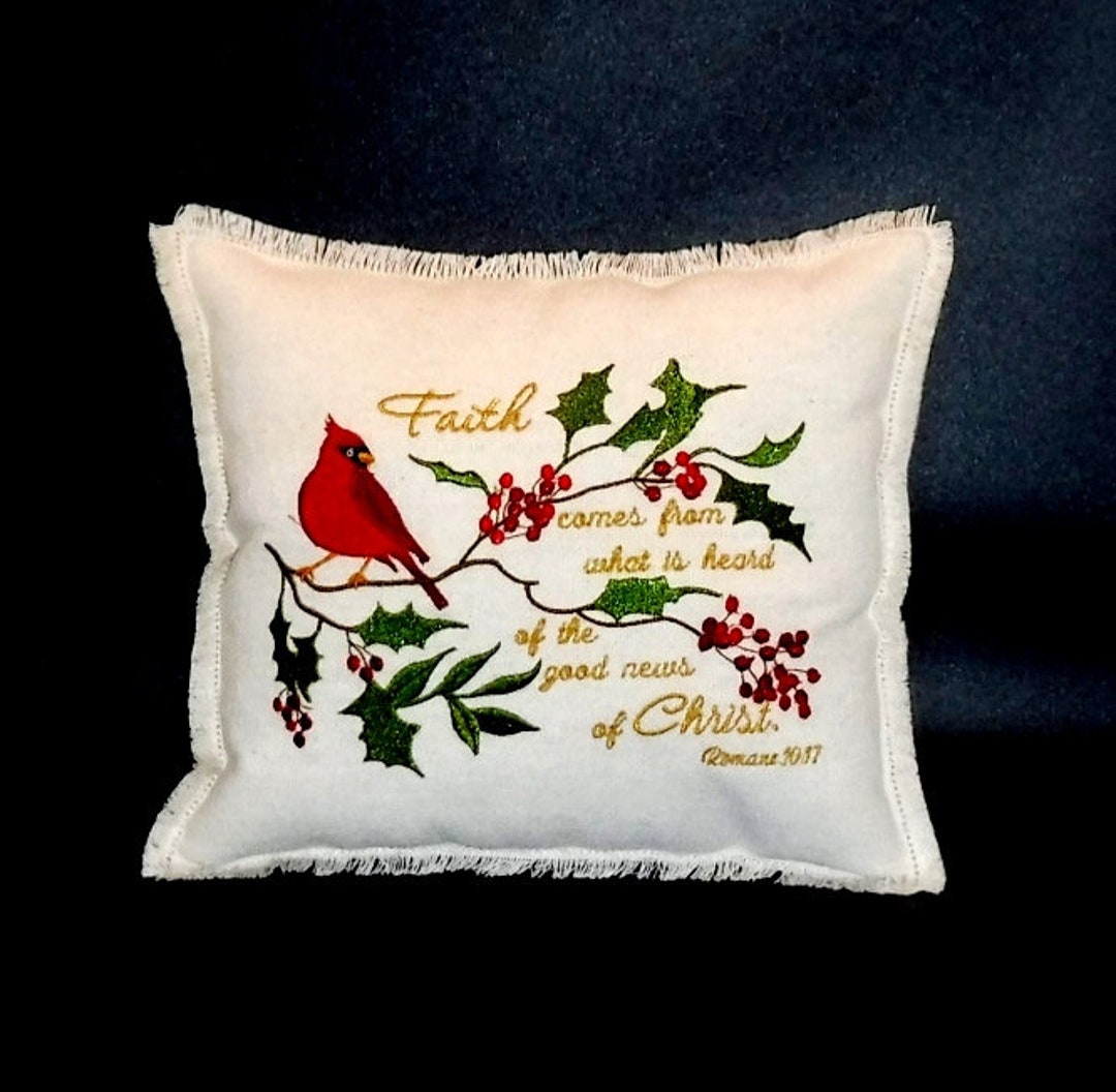 Cardinal and the Good New of Christ Embroidered Small Shelf Pillow, 9. ...