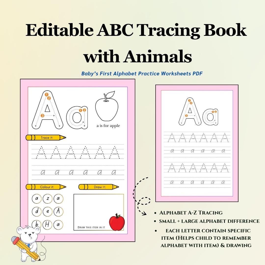 Editable ABC Tracing Book With Animals – Baby’s First Alphabet Practice ...