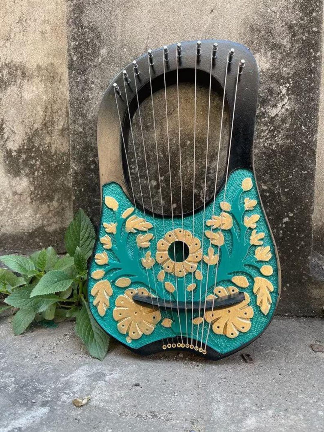 10 Metal Strings Lyre Harp Handmade Green and Gold Flower Lyre Harps ...
