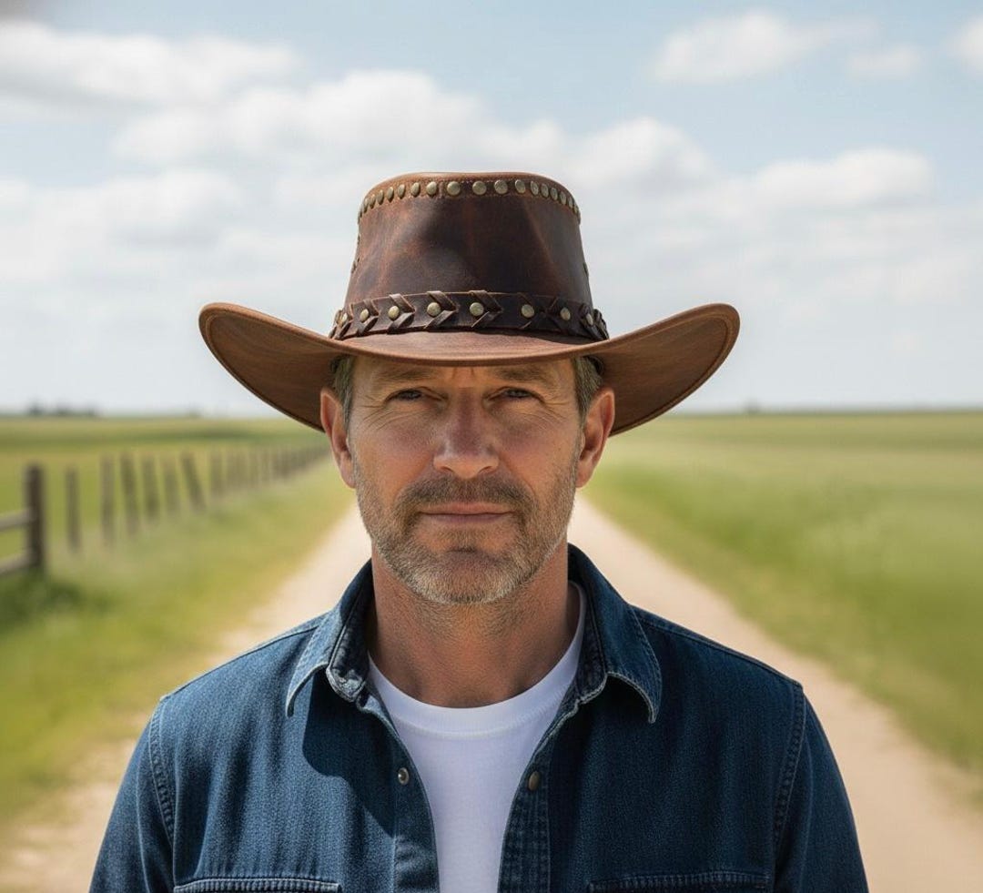 Handmade Brown Rustic Leather Cowboy Hat | Wide Brim Western Outback ...