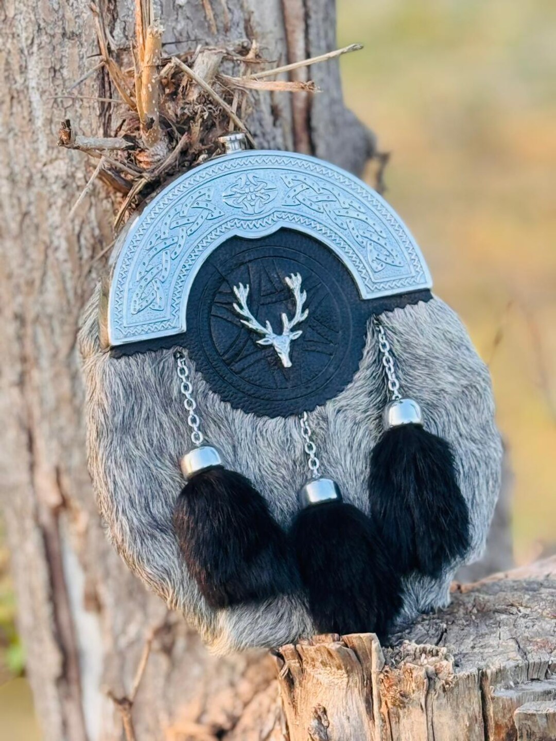 Scottish Kilt Sporran Grey Rabbit Fur Kilt Sporran Stag Head Sporran ...