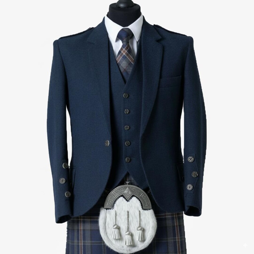 Men's Navy Blue Wool Argyle Kilt Jacket Scottish Weeding Kilt Jacket ...