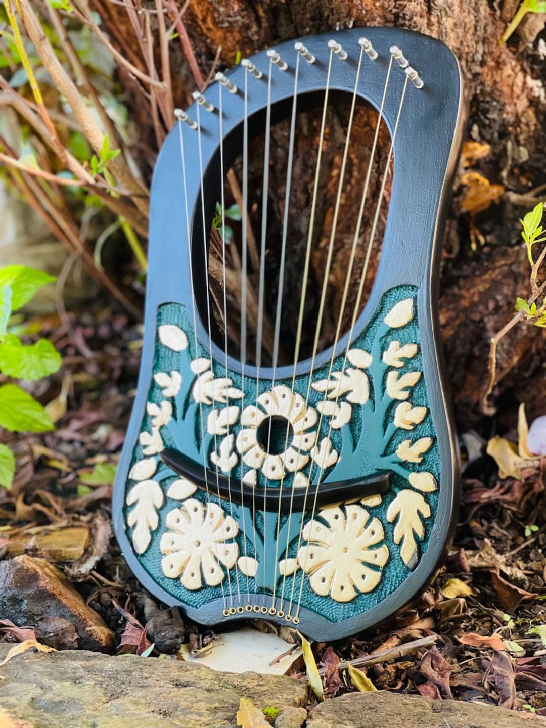 Rosewood 10 Metal String Lyre Harp Green and Gold Flower Lyre Harps ...