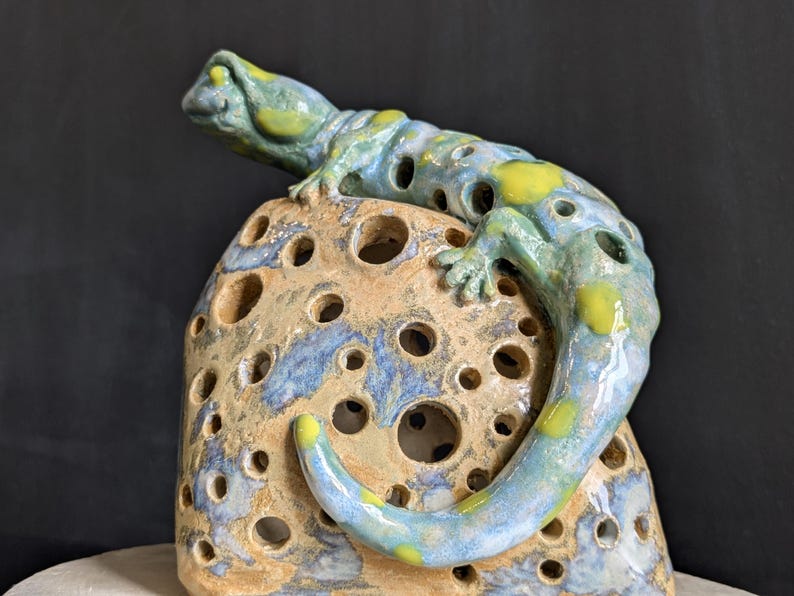 Ceramic Salamander Lantern, Handmade Tea Light Candle Holder, Reptile ...