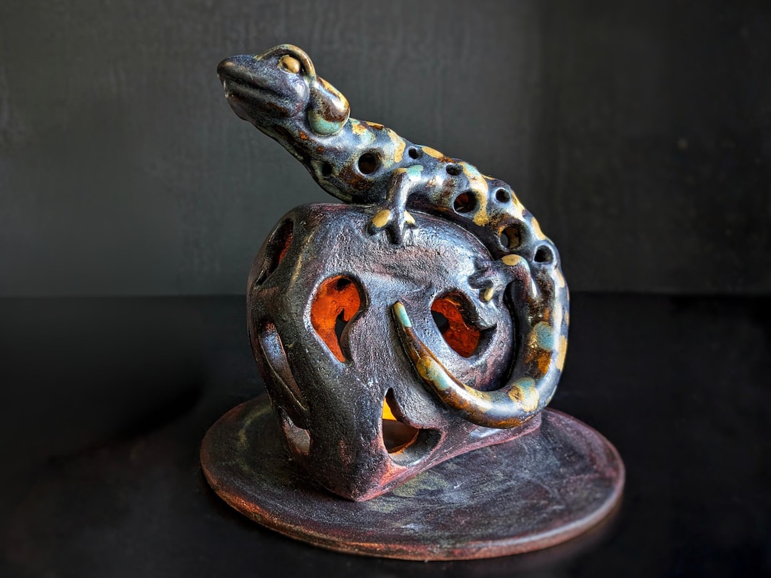 Ceramic Salamander Lantern, Handmade Tea Light Candle Holder, Reptile ...