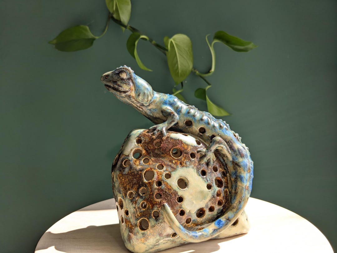 Ceramic Salamander Candle Holder – Handmade Reptile Lantern, Lizard ...