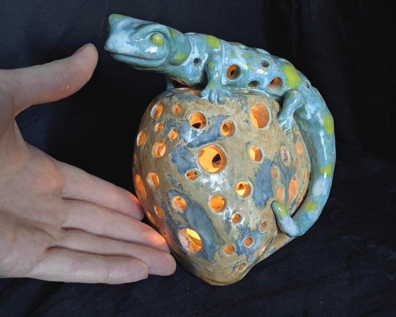 Ceramic Salamander Lantern, Handmade Tea Light Candle Holder, Reptile ...