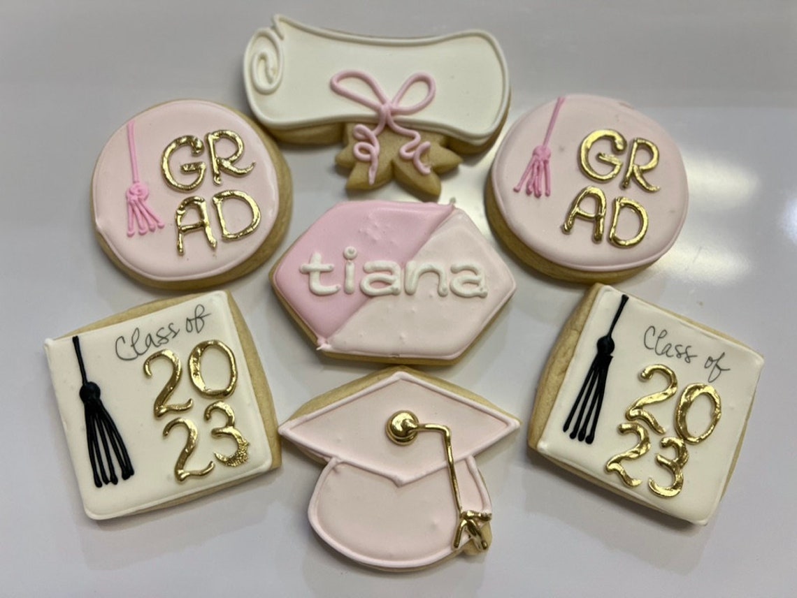 Graduation Cookies, Pink and White Grad Sugar Cookies, Class of 2024 ...