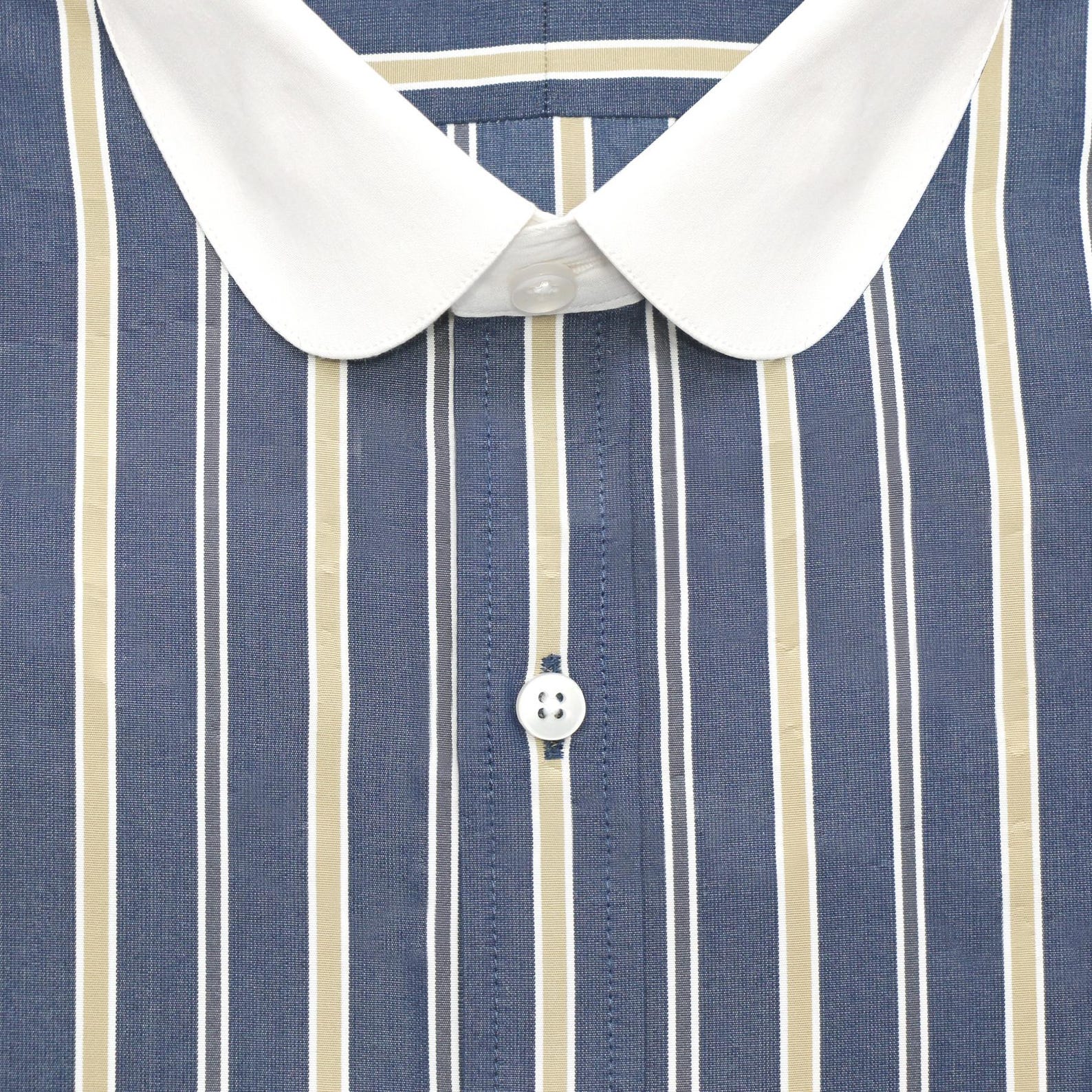 Men's Club Collar Shirt Cotton Blue Stripes Contrast Collar Cuff Formal ...