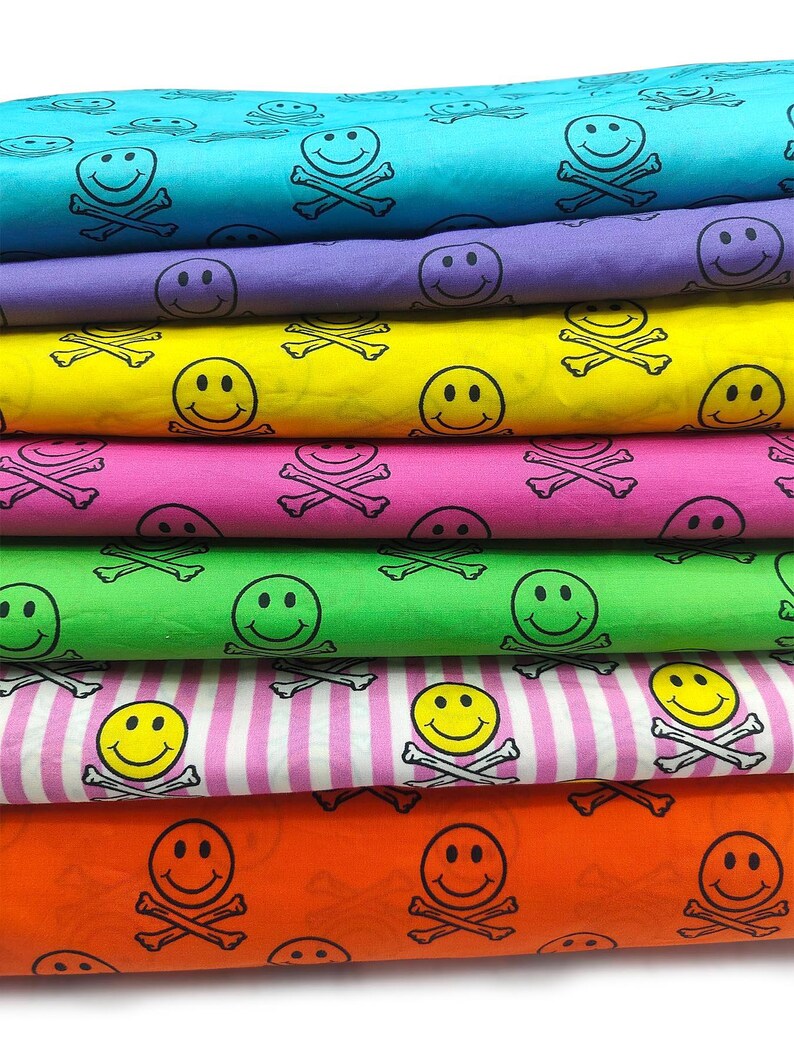 Spooky Smiley Skull & Crossbones Print Purple Cotton Fabric by the ...