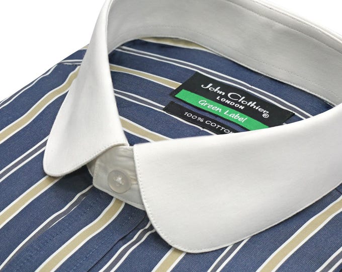 Men's Club Collar Shirt Cotton Blue Stripes Contrast Collar Cuff Formal ...