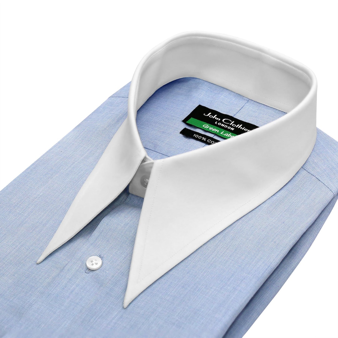 Men's Blue Fil-a-fil Cotton Spear Point Collar Shirt – 60s Mod Style ...