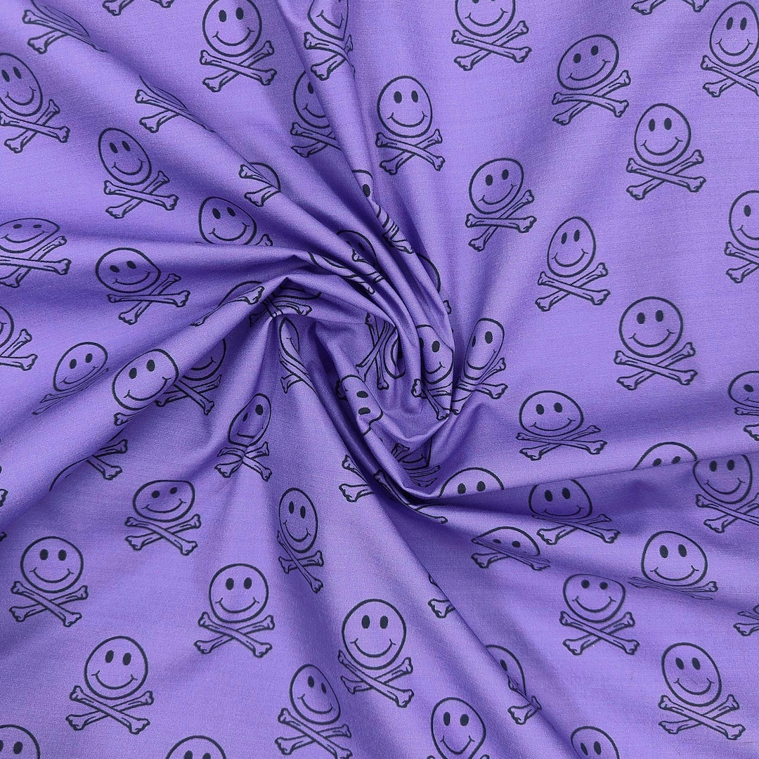 Spooky Smiley Skull & Crossbones Print Purple Cotton Fabric by the ...