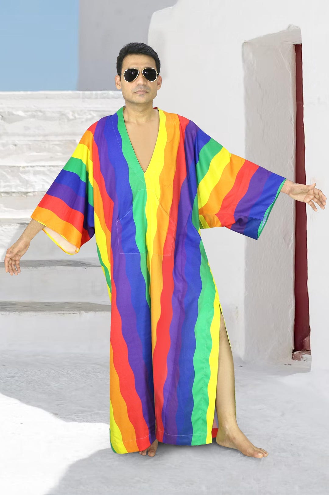 Men's Poncho Dress Rainbow Striped Kaftan LGBTQ Pride Lightweight Flowy ...