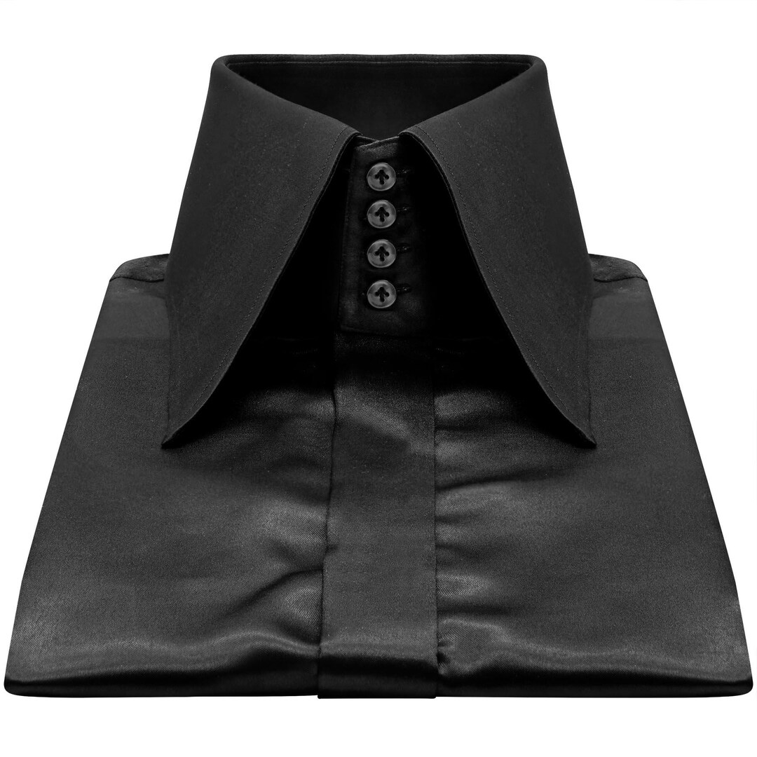 Men's Vintage High Long Pointed Collar Shirt Shiny Black Satin Hidden ...