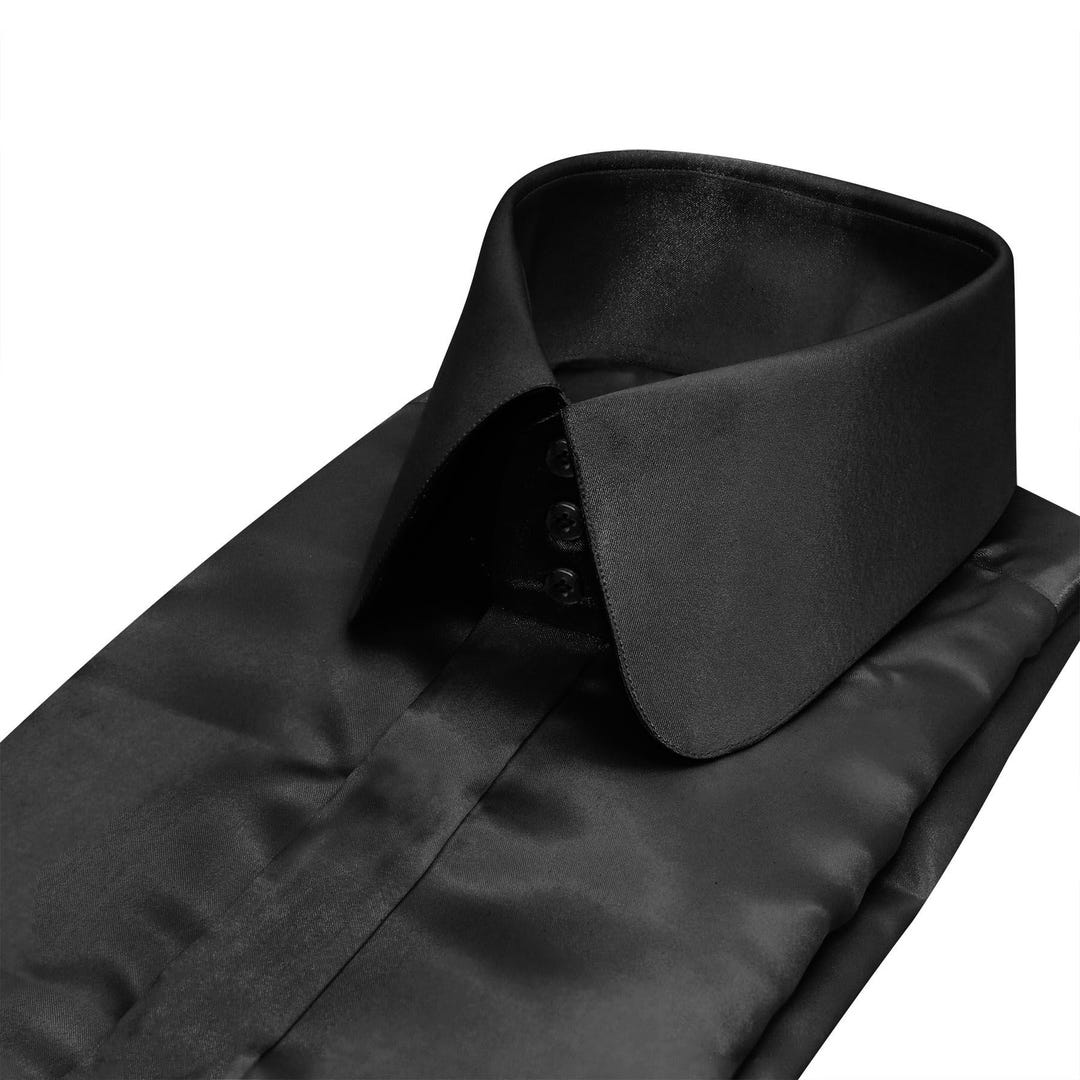 Men's High Penny Round Collar Shirt Shiny Black Satin Hidden Buttons ...