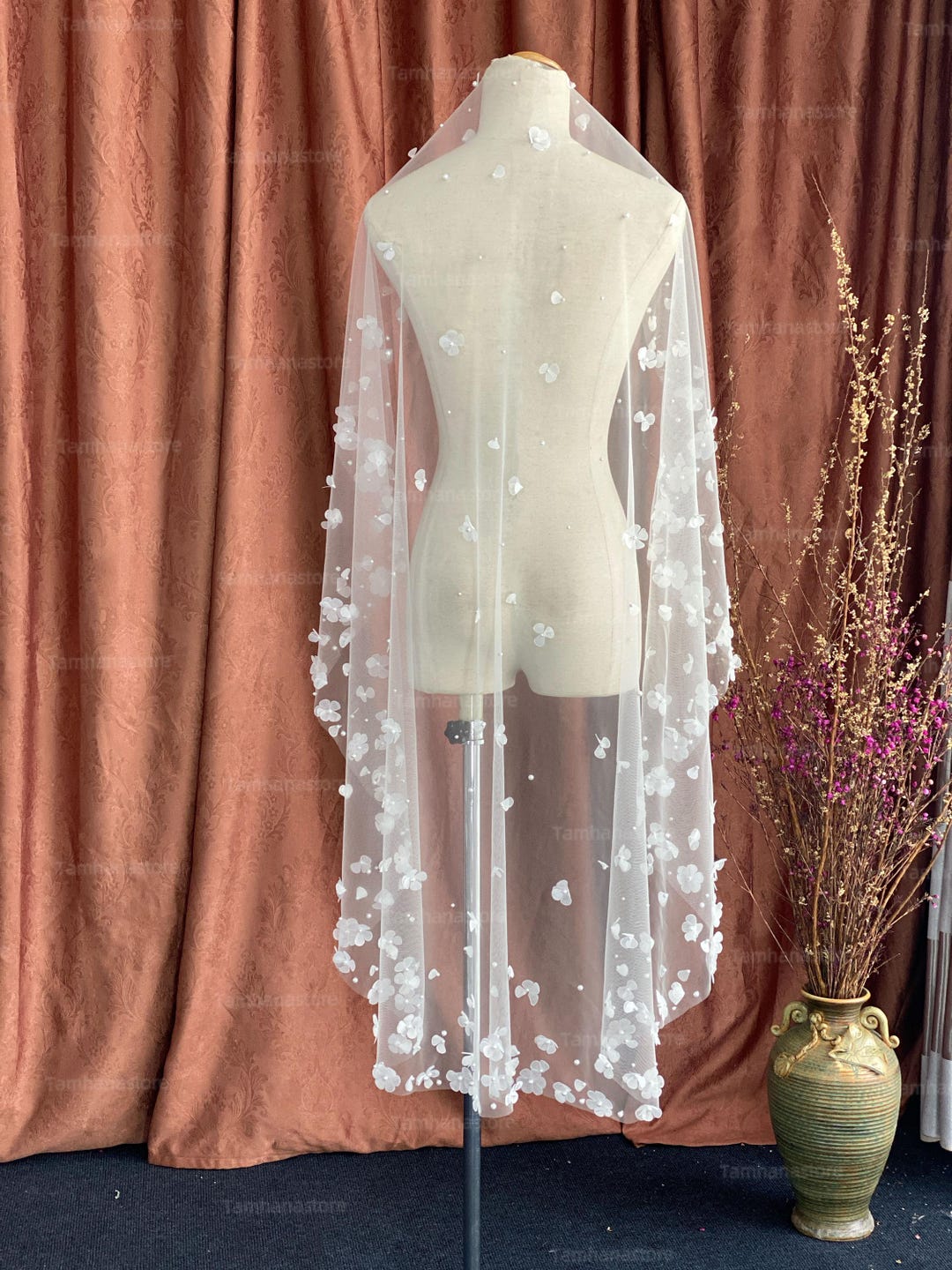 T22| 3D Floral Bridal Veil, Veil With Pearls, Custom Wedding Veil, 3D ...