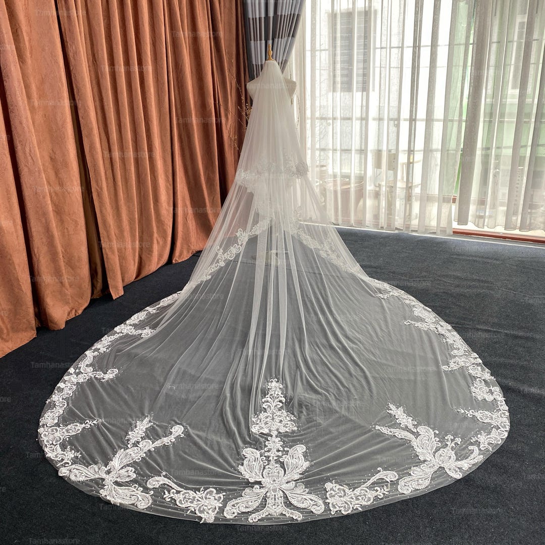 T7, Beaded Cathedral Bridal Veil | Elegant Ivory Lace Wedding Veil ...