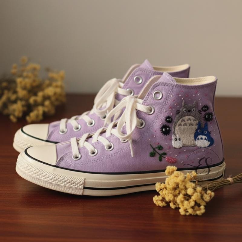 Hand Embroidered Totoro Converse High Tops - Custom Anime Shoes - Etsy