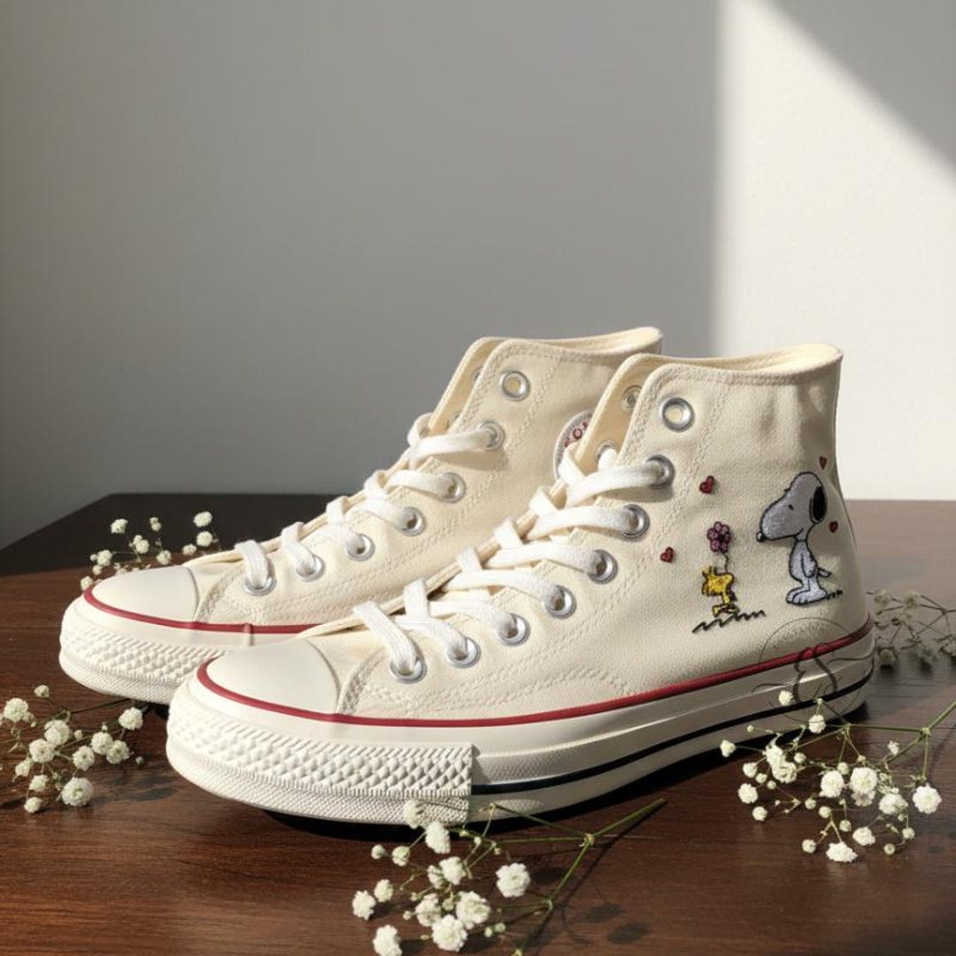 Custom Valentine Converse: Cartoon Dog and Flower Hand-embroidered High ...
