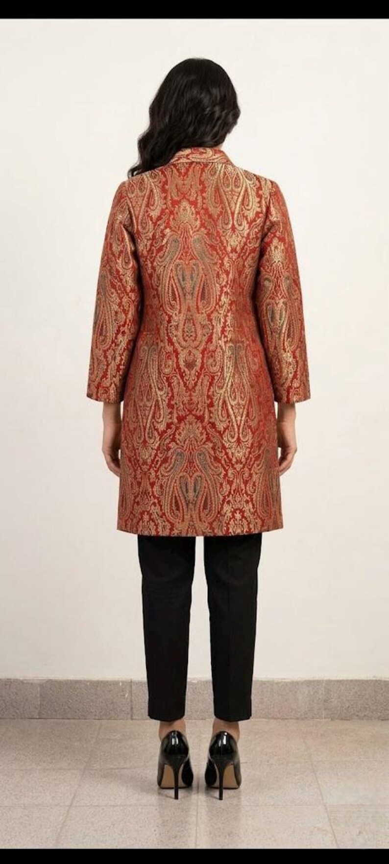 Chaqueta Larga Brocado Mujer | Abrigo Elegante con Mangas Plisadas ...