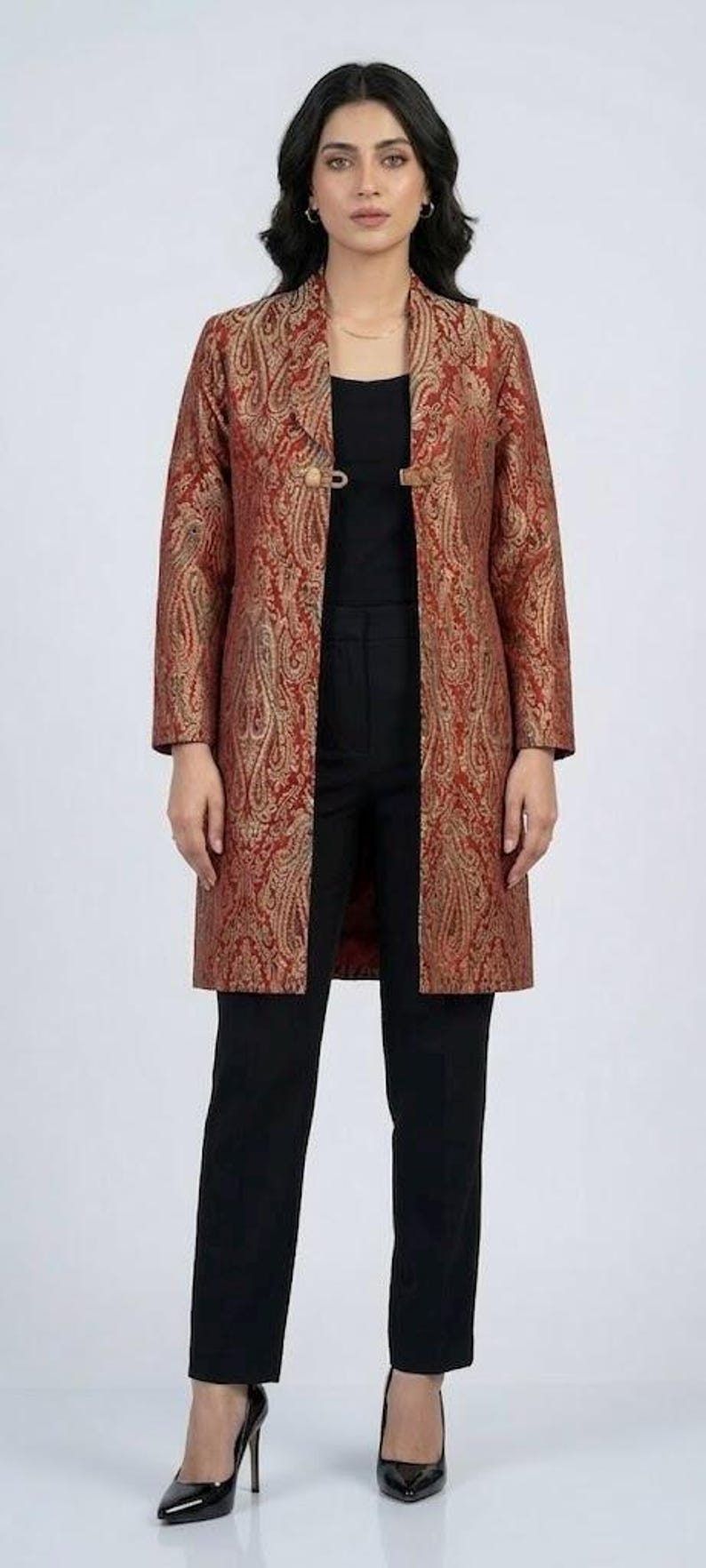 Chaqueta Larga Brocado Mujer | Abrigo Elegante con Mangas Plisadas ...