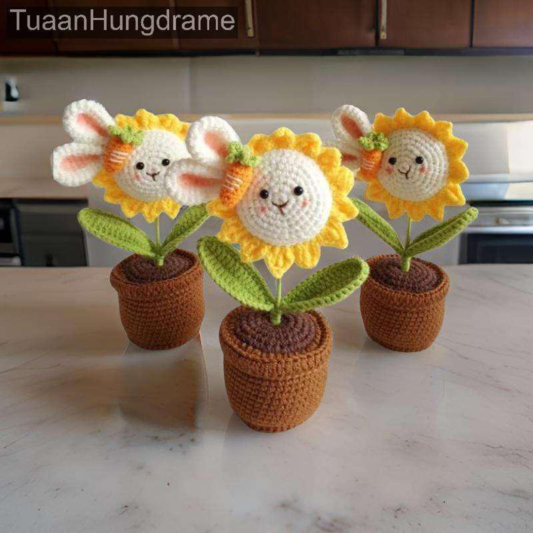 Handmade Crochet Sun Bunny Flower Pot Adorable Unique Yarn Flower Pot ...
