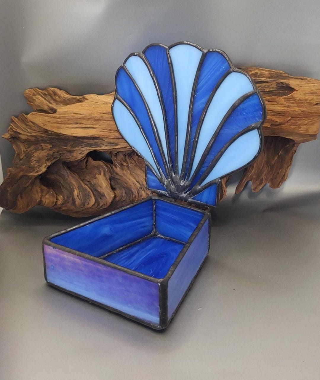 Stain Glass Shell Box, Jewelry Box, Trinket Box, Irridized Glass, Blue ...