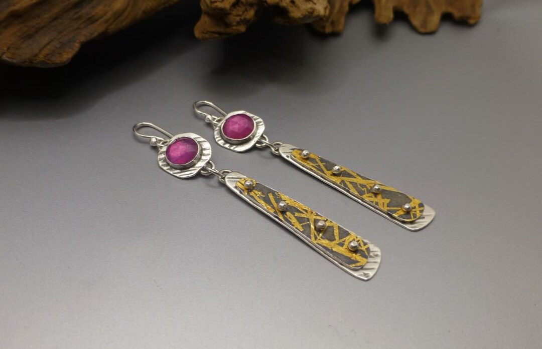 24K Gold Kumboo Earrings With Faceted Thailand Sapphire Stones, Artisan ...