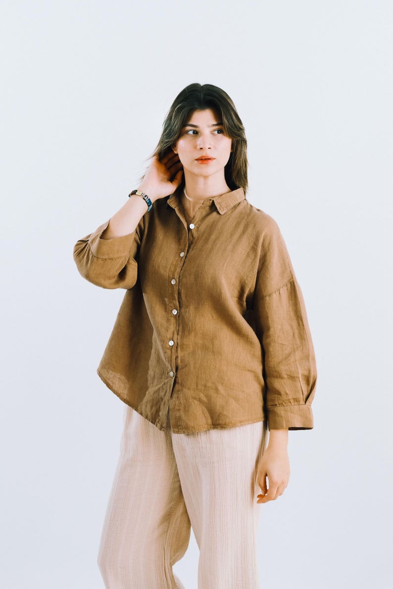 Brown Linen Shirt for Women/ Turkish Linen Summer Top / Boho Blouse ...